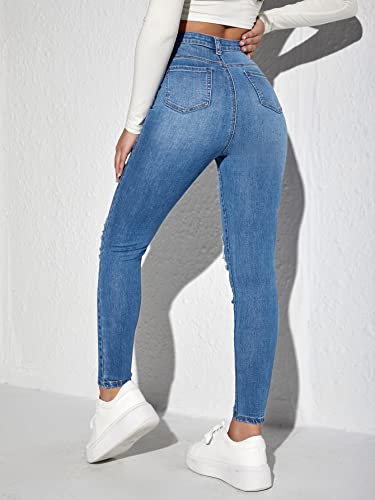 MakeMeChic Women's Ripped Skinny Jeans Casual High Waisted Distressed Stretch Denim Pants Blue A L