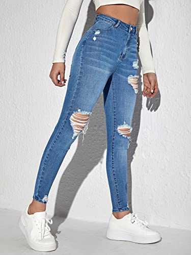 MakeMeChic Women's Ripped Skinny Jeans Casual High Waisted Distressed Stretch Denim Pants Blue A L