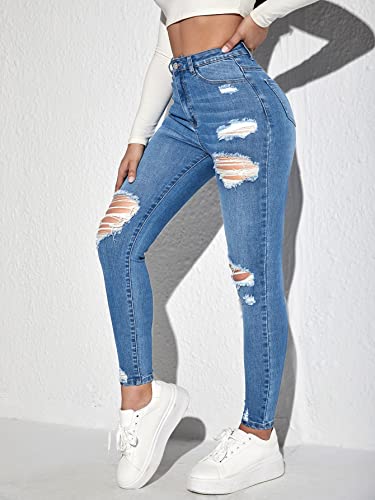 MakeMeChic Women's Ripped Skinny Jeans Casual High Waisted Distressed Stretch Denim Pants Blue A L