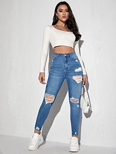 MakeMeChic Women's Ripped Skinny Jeans Casual High Waisted Distressed Stretch Denim Pants Blue A L