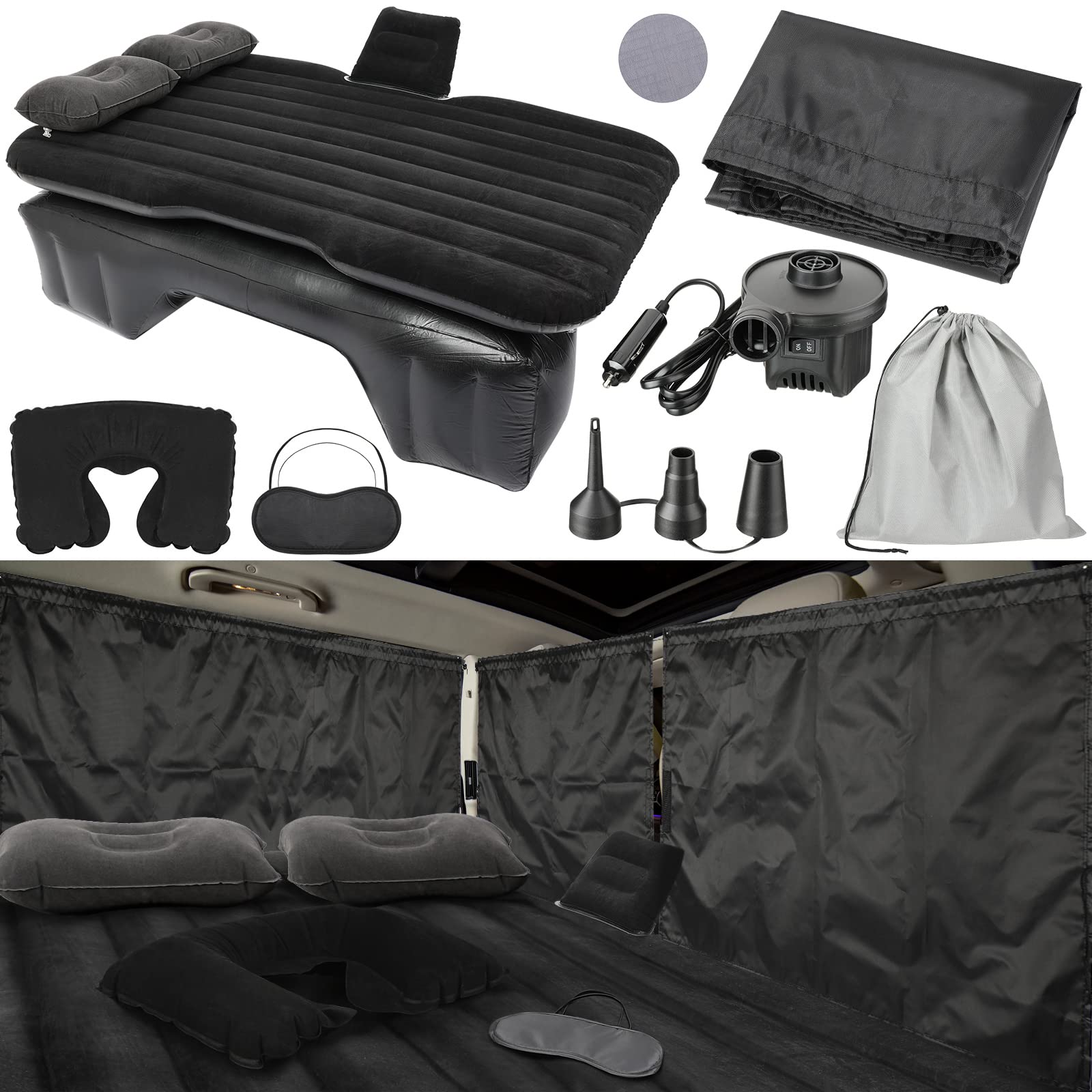 Tallew 12 Pcs Car Air Mattress Back Seat Inflatable Bed SUV Car Camping Backseat Truck Air Mattress Curtain Divider Window Shade Cover Portable Travel Sleeping Set