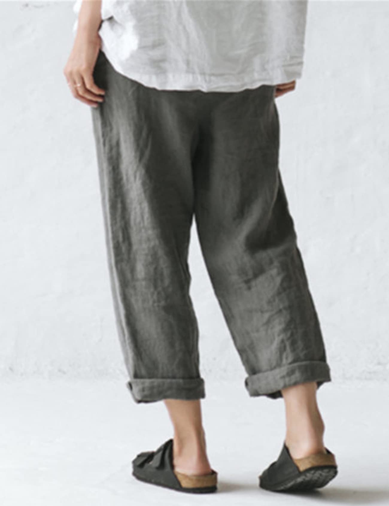 Gihuo Women's Linen Pants Casual Straight Pants Elastic Waist Capri Palazzo Pants Trousers with Pockets(Grey-XL)
