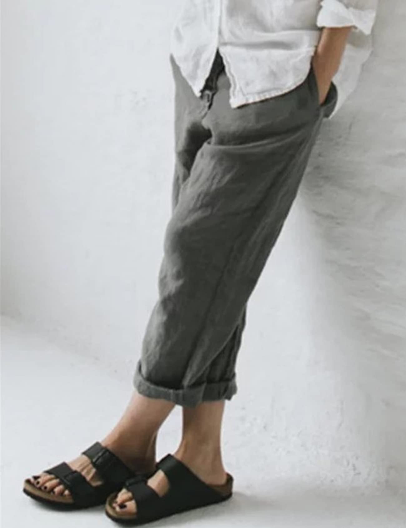 Gihuo Women's Linen Pants Casual Straight Pants Elastic Waist Capri Palazzo Pants Trousers with Pockets(Grey-XL)