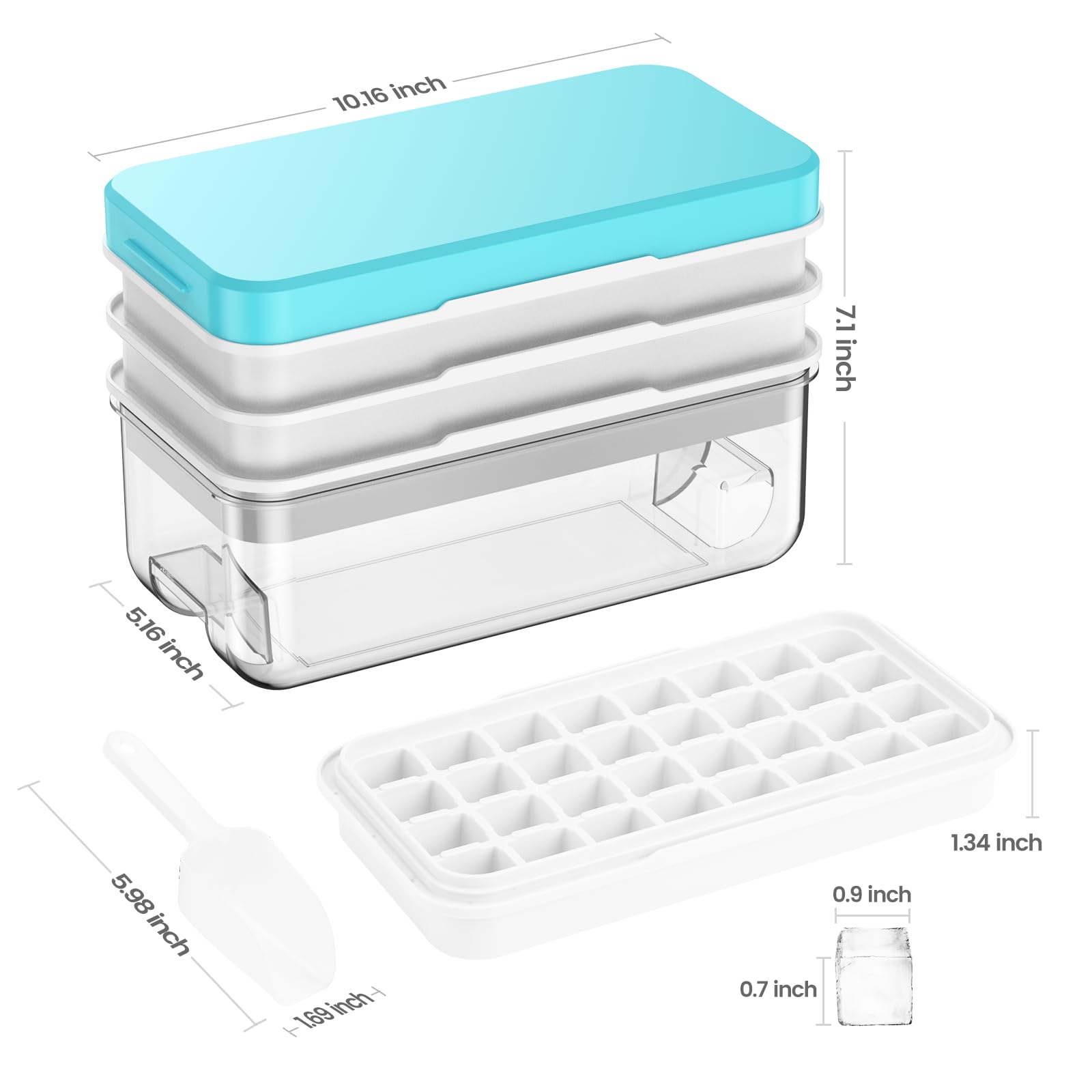 PHINOX Ice Cube Tray with Lid and Bin, 3 Pack Plastic Ice Cube Tray Molds, 96(4 * 8 * 3) pcs Ice Trays for freezer, Chilling Drinks, Whiskey & Cocktails, with Ice Container and Ice Scoop, BPA-Free