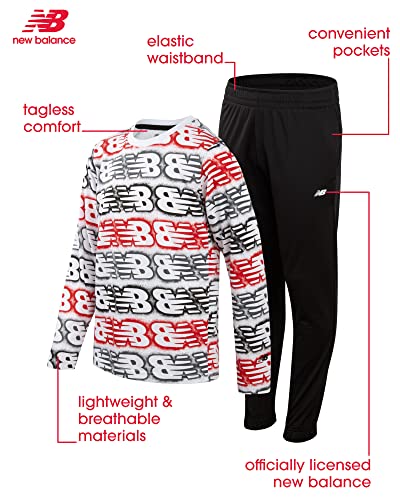 New Balance Boys' Jogger Set - 2 Piece Long Sleeve T-Shirt and Tricot Sweatpants (8-12), Size 10, White/Black