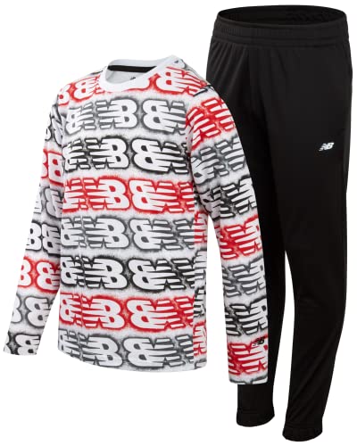 New Balance Boys' Jogger Set - 2 Piece Long Sleeve T-Shirt and Tricot Sweatpants (8-12), Size 10, White/Black