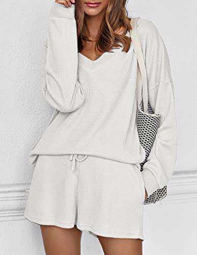 Ekouaer Womens Pajama Sets Waffle Knit Long Sleeve V Neck Off Shoulder Top and Shorts Lounge Pajama Set For Women Soft Comfy Waffle Knit Pj Sets B-black,Large