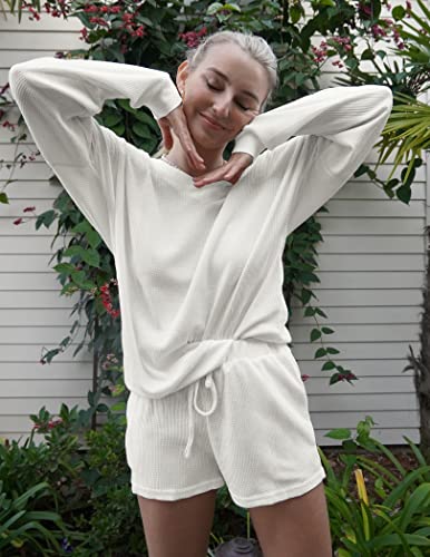 Ekouaer Womens Pajama Sets Waffle Knit Long Sleeve V Neck Off Shoulder Top and Shorts Lounge Pajama Set For Women Soft Comfy Waffle Knit Pj Sets B-black,Large