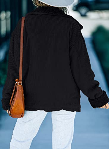 Dokotoo 2024 Autumn Winter Corduroy Trucker Jacket Coat for Women Turn-Down Collar Button Down Long Sleeve Soft Sherpa Lined Thick Solid Loose Fit Winter Outwear Black XL
