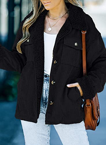 Dokotoo 2024 Autumn Winter Corduroy Trucker Jacket Coat for Women Turn-Down Collar Button Down Long Sleeve Soft Sherpa Lined Thick Solid Loose Fit Winter Outwear Black XL