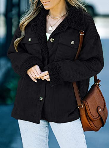 Dokotoo 2024 Autumn Winter Corduroy Trucker Jacket Coat for Women Turn-Down Collar Button Down Long Sleeve Soft Sherpa Lined Thick Solid Loose Fit Winter Outwear Black XL