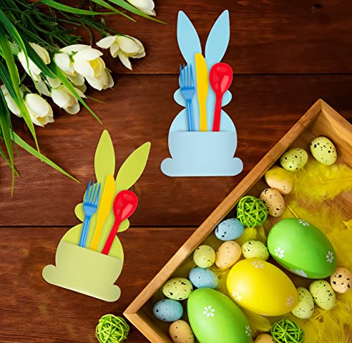 36 Easter Utensil Cutlery Holders Bunny Rabbit Shape Silverware Paper Pouch Sleeve Pockets Spring Table Place Settings Tableware Party Supplies Decoration Pink Blue Yellow Green for Knife Forks Spoons