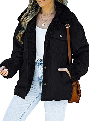 Dokotoo 2024 Autumn Winter Corduroy Trucker Jacket Coat for Women Turn-Down Collar Button Down Long Sleeve Soft Sherpa Lined Thick Solid Loose Fit Winter Outwear Black XL