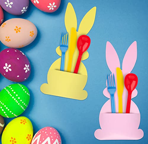36 Easter Utensil Cutlery Holders Bunny Rabbit Shape Silverware Paper Pouch Sleeve Pockets Spring Table Place Settings Tableware Party Supplies Decoration Pink Blue Yellow Green for Knife Forks Spoons