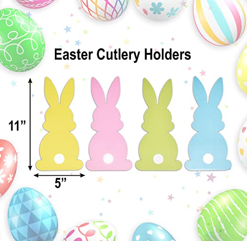 36 Easter Utensil Cutlery Holders Bunny Rabbit Shape Silverware Paper Pouch Sleeve Pockets Spring Table Place Settings Tableware Party Supplies Decoration Pink Blue Yellow Green for Knife Forks Spoons
