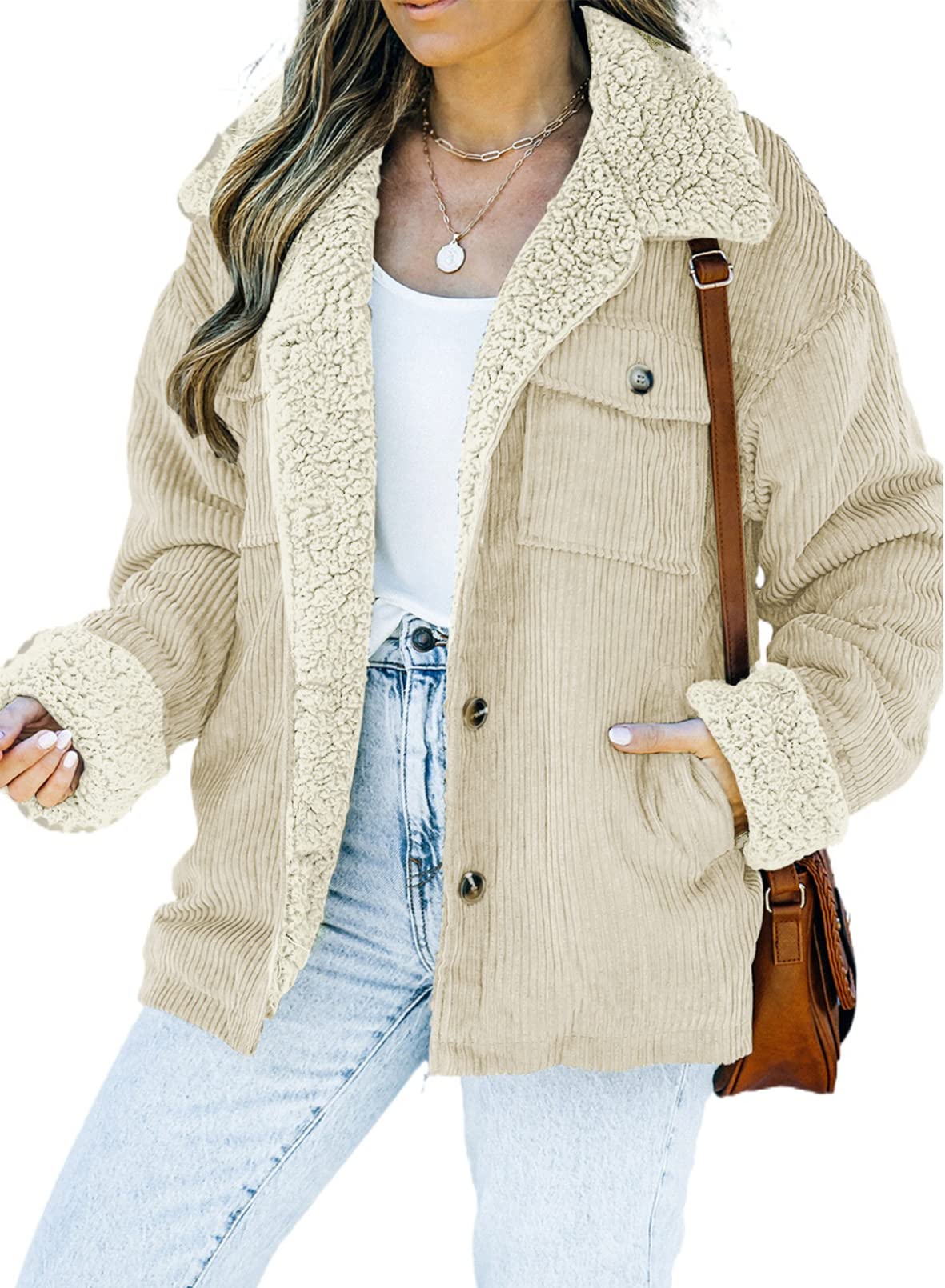 Dokotoo 2024 Fashion Trucker Shacket Jacket for Women Thick Sherpa Lined Fleece Fur Collar Button Down Long sleeve Outwear Winter Fall Warm Coat with Pocket Apricot M