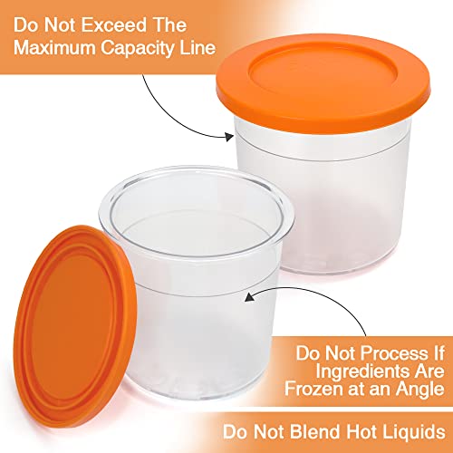 SOPHICO Pint Containers with Silicone Lids Replacement for Pints and Lids, Compatible with NC299AMZ & NC300s Series Ice Cream Maker, Airtight and Leaf-Proof (2 Pack, Orange)