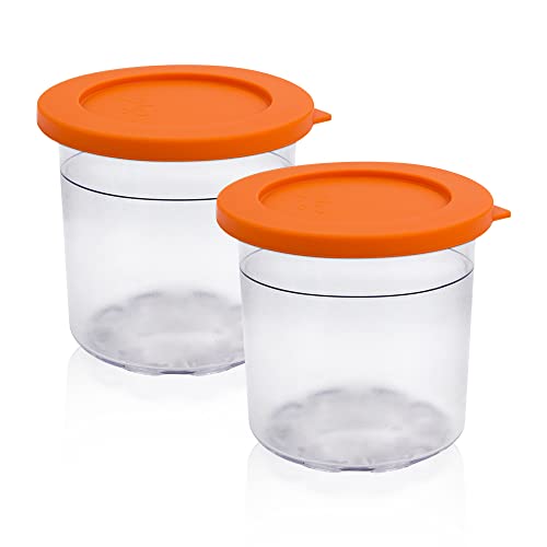 SOPHICO Pint Containers with Silicone Lids Replacement for Pints and Lids, Compatible with NC299AMZ & NC300s Series Ice Cream Maker, Airtight and Leaf-Proof (2 Pack, Orange)
