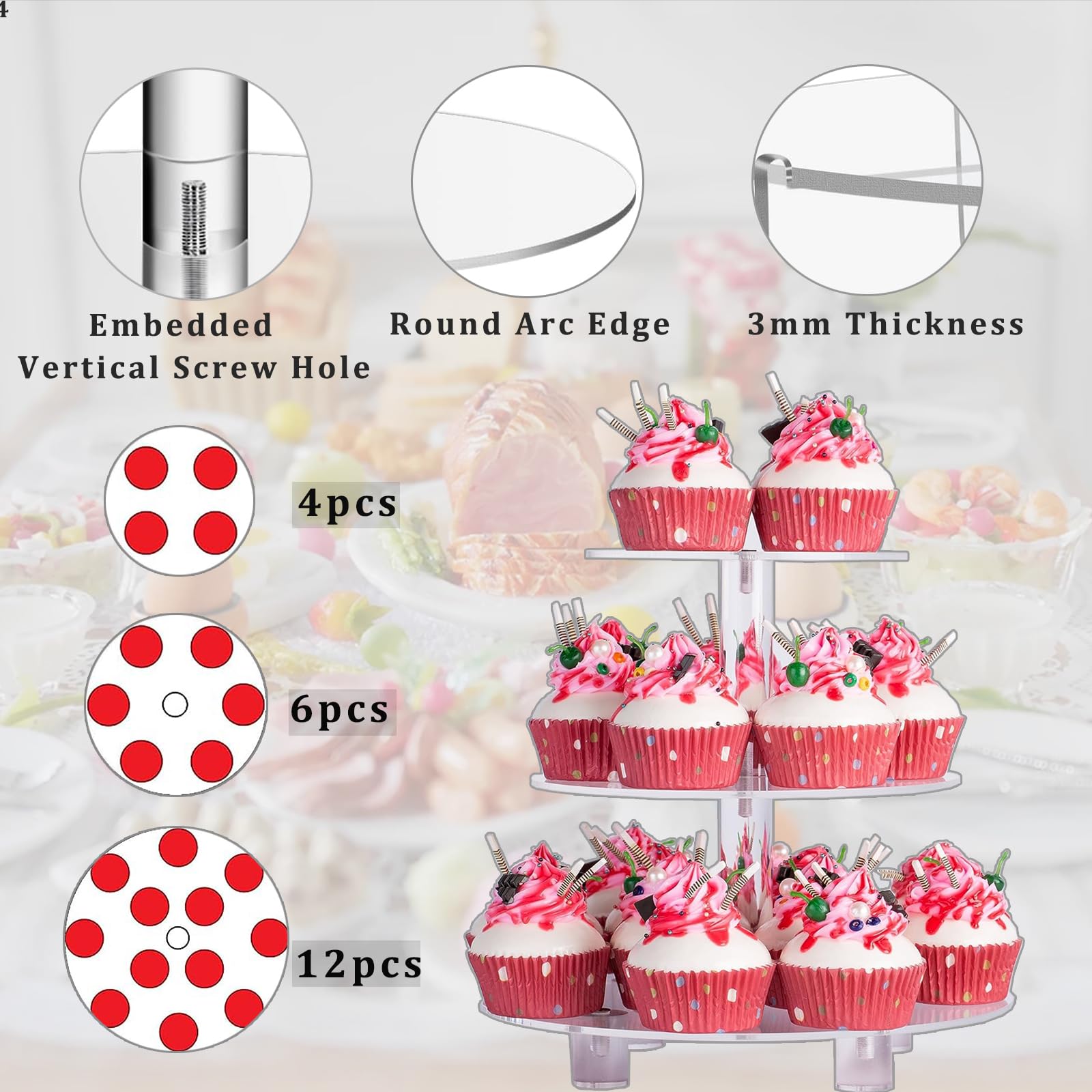 3 Tier Cake Stands, Bhbuy Transparent Round Acrylic Macaron Multifunction Display Cupcake Stands for Wedding Christmas Birthday Party Bakery Decor
