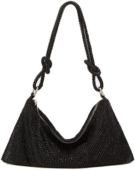 UMREN Rhinestone Hobo Bags for Women Chic Evening Handbag Sparkly Crystal Cluth Purse for Party Club Wedding (Black)