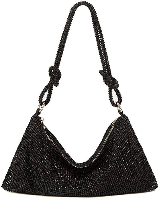 UMREN Rhinestone Hobo Bags for Women Chic Evening Handbag Sparkly Crystal Cluth Purse for Party Club Wedding (Black)