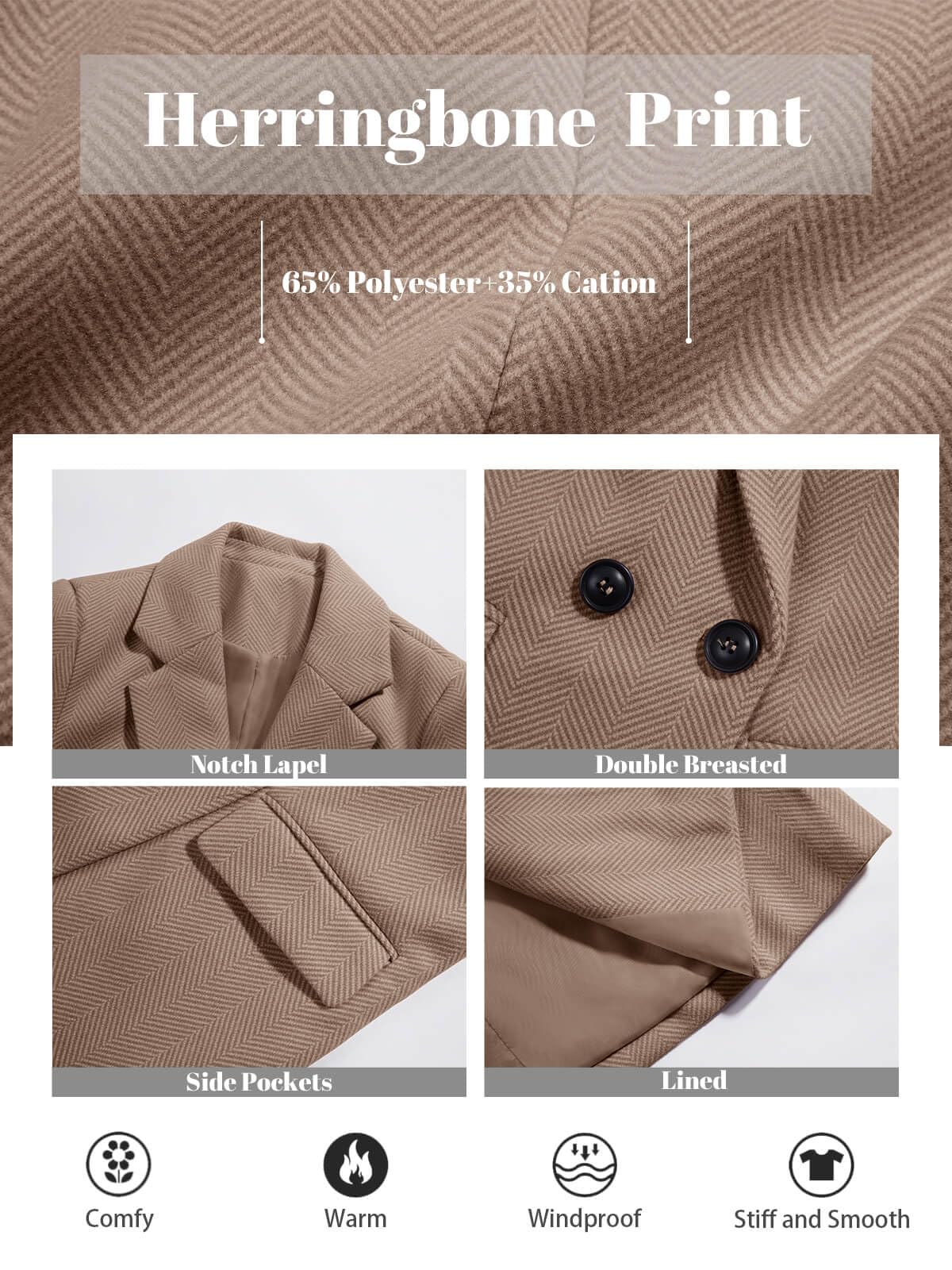 Ebifin Women's Notch Lapel Double Breasted Trench Coat Peacoat Winter Casual Long Blazer Jacket Overcoat XX-Large