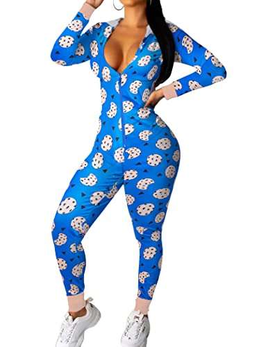 Ekouaer Christmas Onesie Women Sexy Pajamas Zipper Halloween One Piece Bodycon Outfit Jumpsuit Costume Biscuit Print S