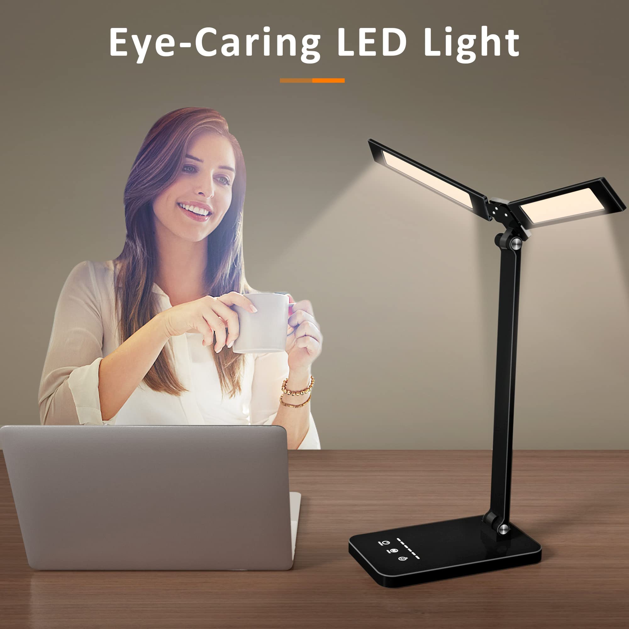 Smaeti LED Home Office Dimmable Desk Light with USB Charging Port, 5 Color Modes with 6 Brightness Levels,Auto Timer, Eye-Caring Desk Lamp for Dorm Study Reading