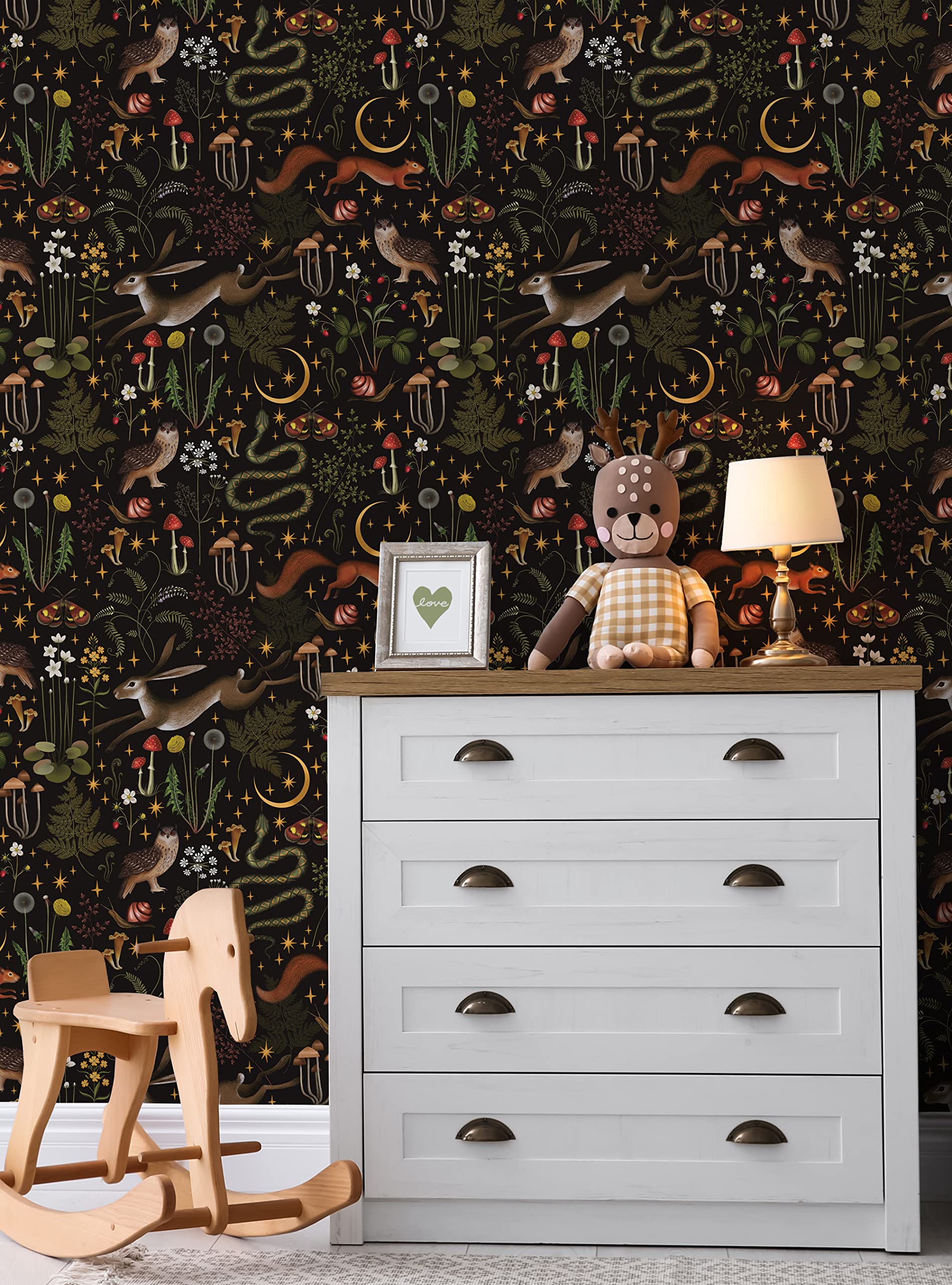 Simple Shapes Wallpaper Above wainscott - Dark Background Enchanted Forest Mood Fairytale - 6 Sheet Set - 2 x 9 Feet