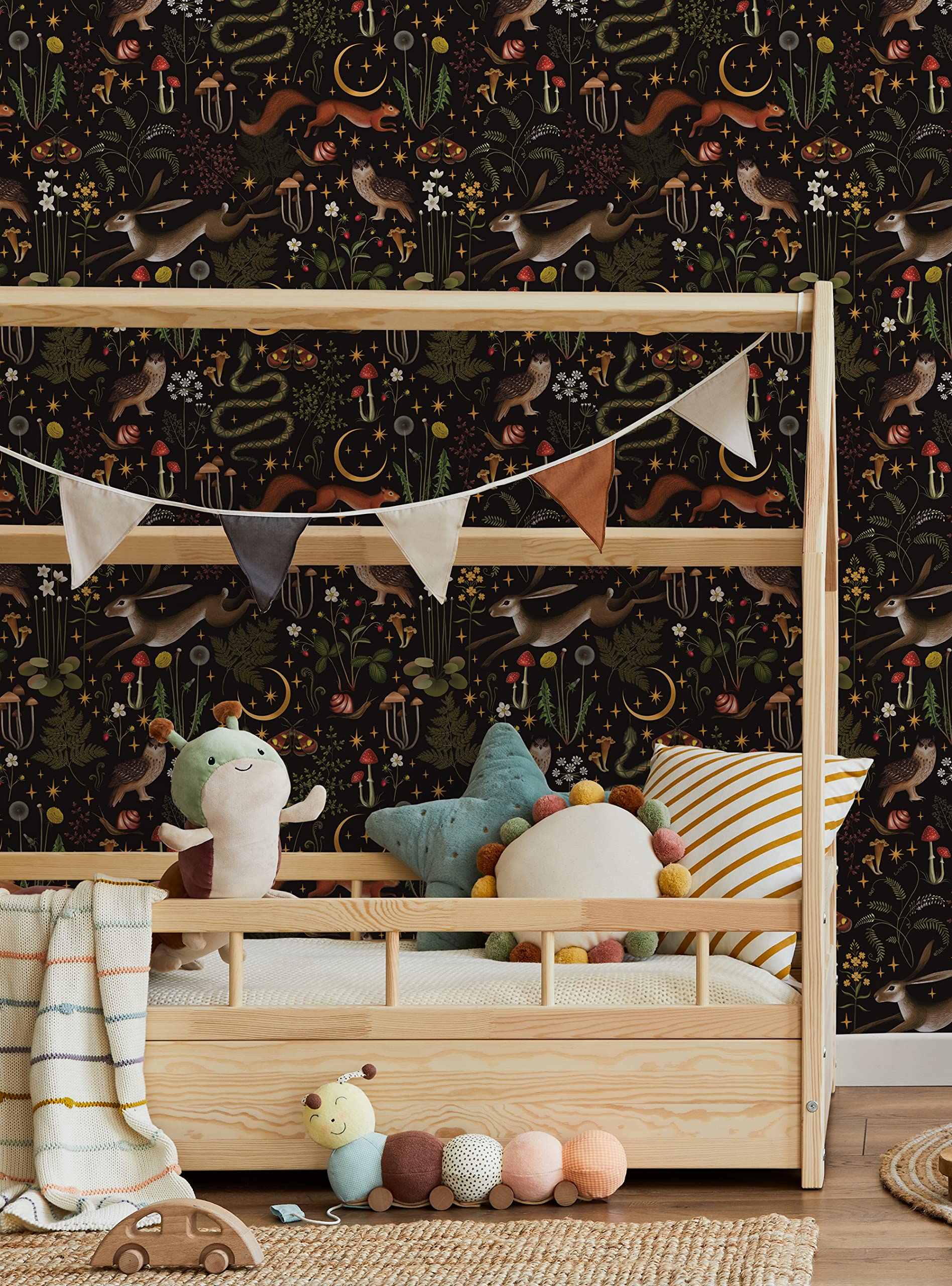 Simple Shapes Wallpaper Above wainscott - Dark Background Enchanted Forest Mood Fairytale - 6 Sheet Set - 2 x 9 Feet