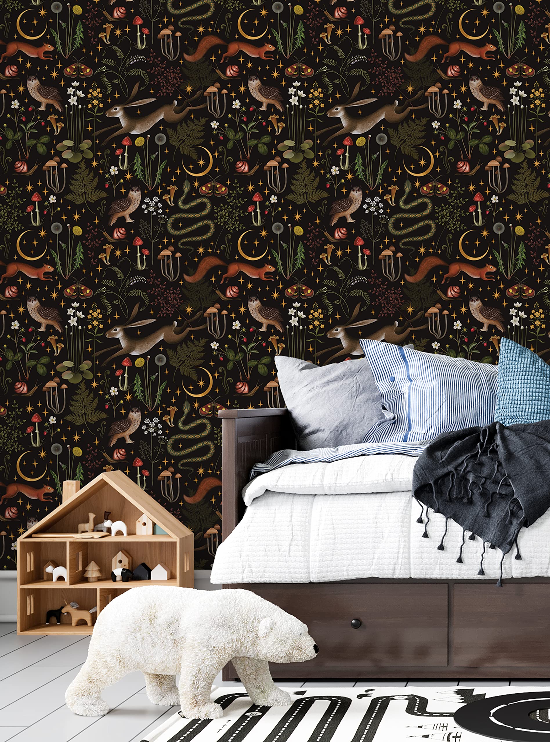 Simple Shapes Wallpaper Above wainscott - Dark Background Enchanted Forest Mood Fairytale - 6 Sheet Set - 2 x 9 Feet