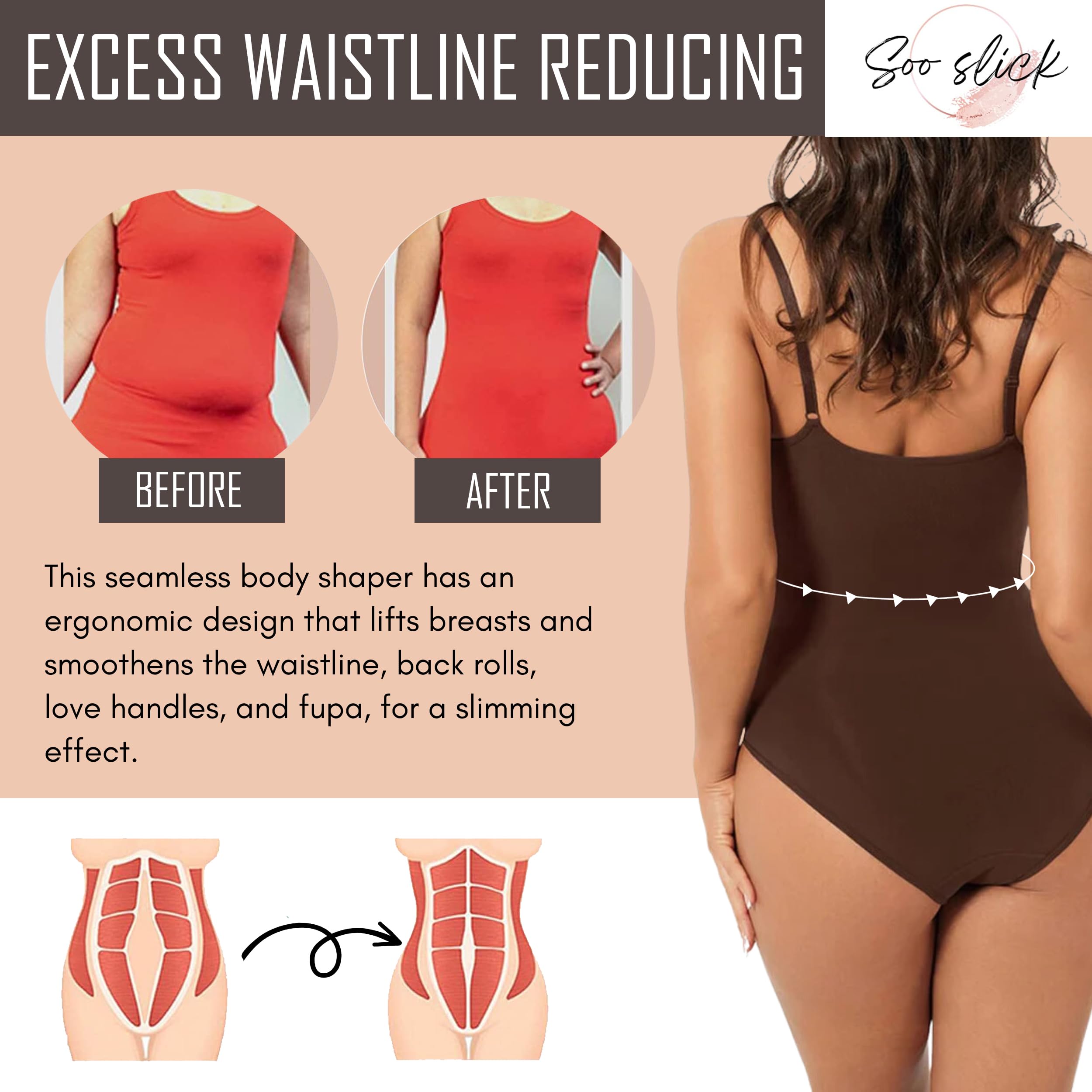 Soo slick Seamless Bodyshaper Bodysuit for Women - Full Body Shapewear, Sculpting Suits Sleeveless Round Neck Brown X-Large