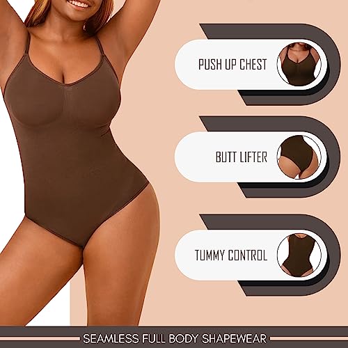Seamless Bodyshaper Bodysuit for Women - Full Body Shapewear Body Sculpting Suits Sleeveless Round Neck Brown 3X-Large