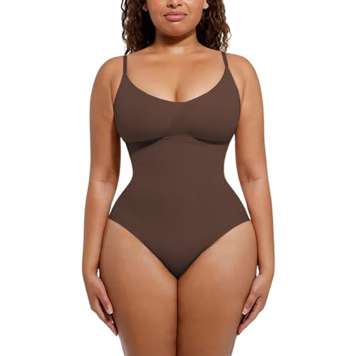 Seamless Bodyshaper Bodysuit for Women - Full Body Shapewear Body Sculpting Suits Sleeveless Round Neck Brown 3X-Large
