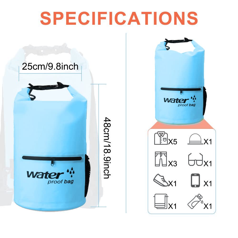 AIKSENT Dry Bag 20L waterproof bag with cellphone bag to Keep Gears dry for Kayaking, beach rafting, boating, hiking, Camping (Blue)