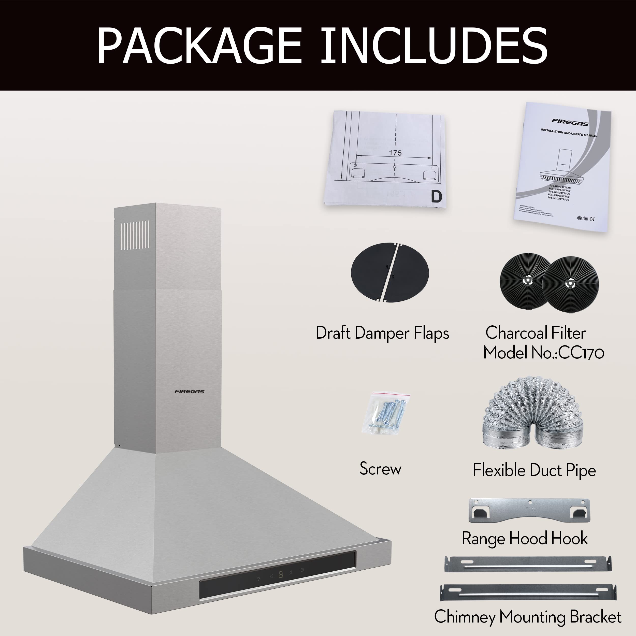 FIREGAS Wall Mount Range Hood 30 in. With 450 CFM Brushless DC Motor,9 Speed Exhaust Fan,LED Light,Soft Touch Control,Buffle Filter, Charcoal Filter included for Ducted/Ductless Range Hood Convertible