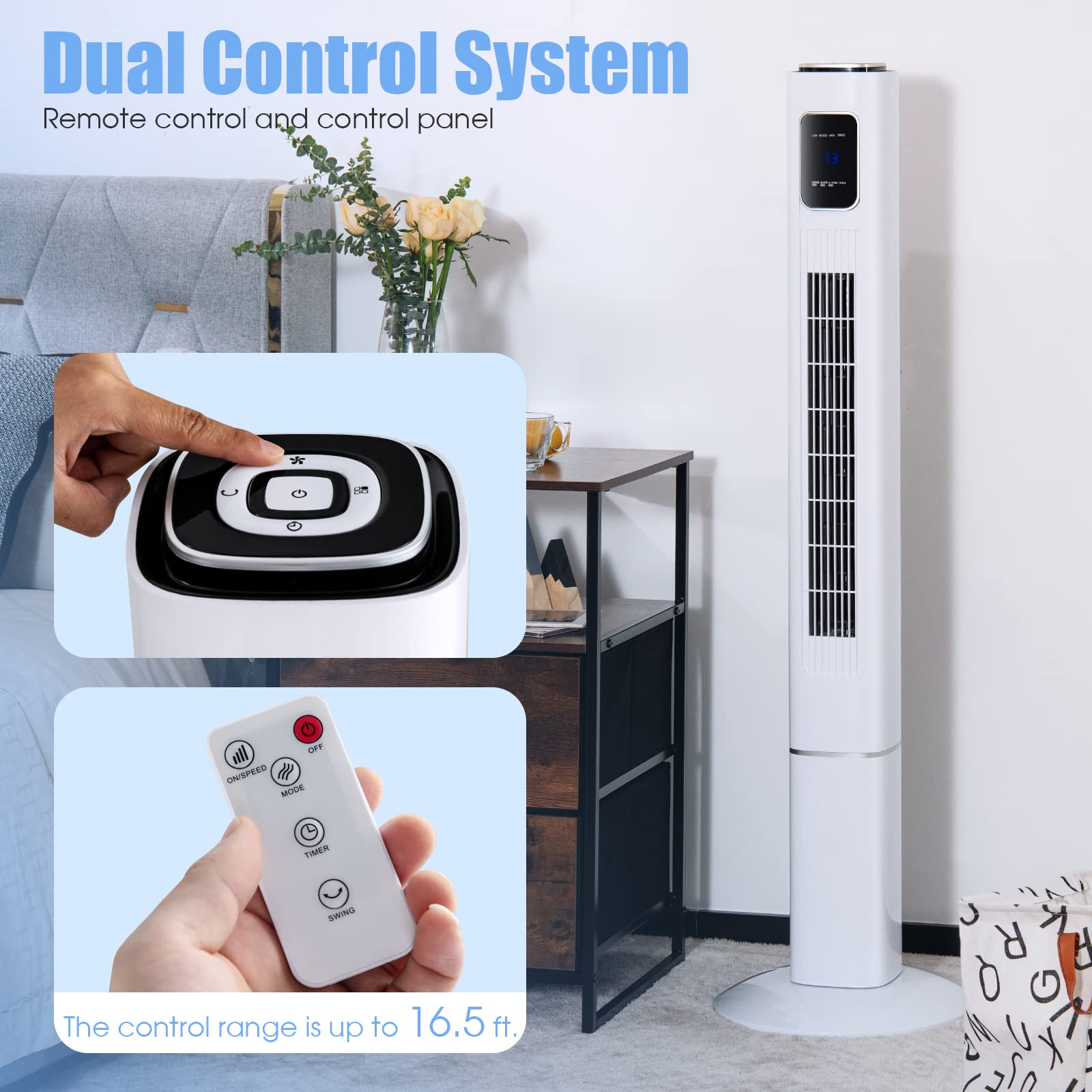 LDAILY 48 Inch Oscillating Tower Fan, Quiet Powerful Bladeless Fan with 3 Speeds, 3 Modes, Remote Control, 15H Timer, LED Display, Floor Standing Household Fan for Bedroom Living Room Office