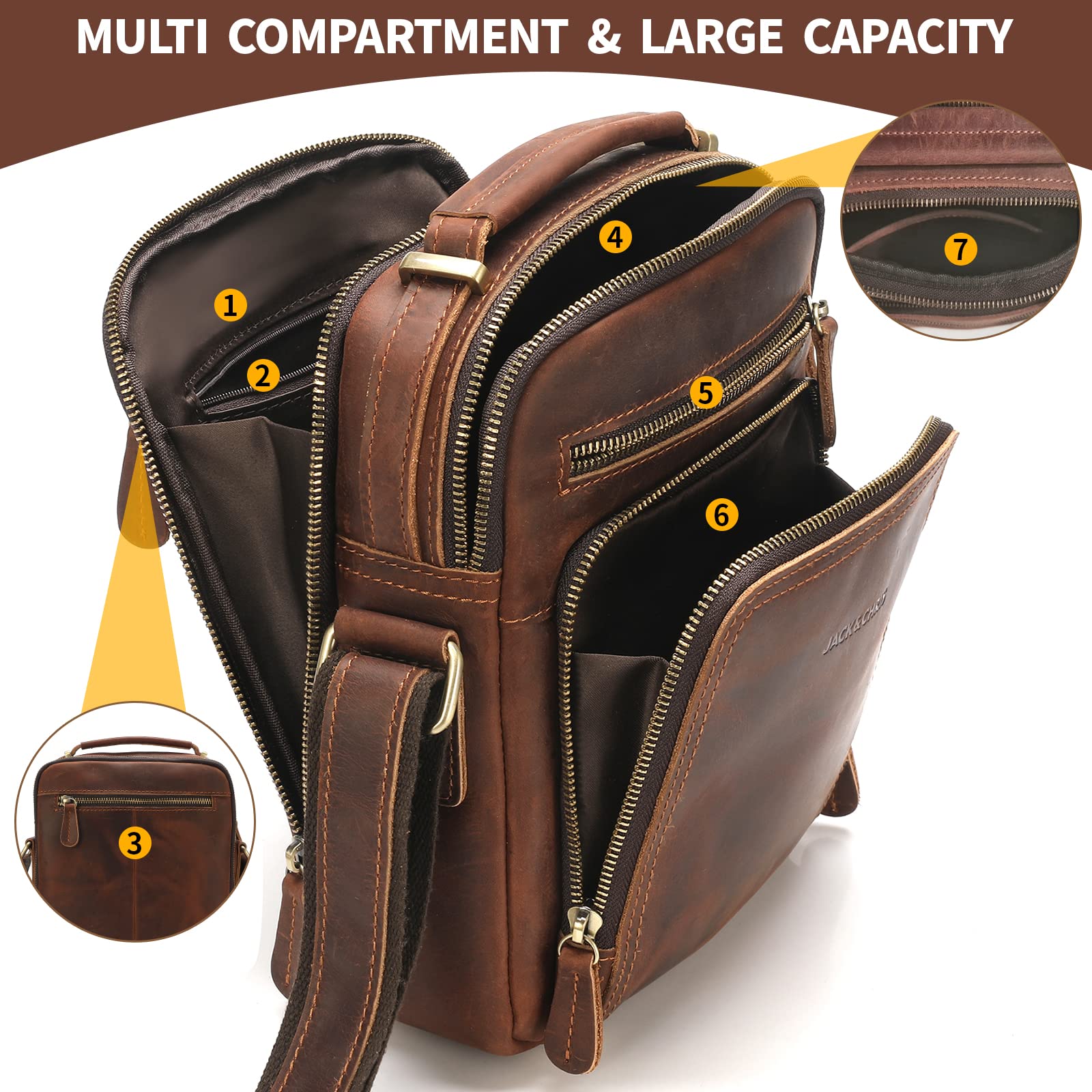 Jack&Chris Leather Messenger Bag for Men, Man Purse Crossbody Bags for Work Business, Red Brown