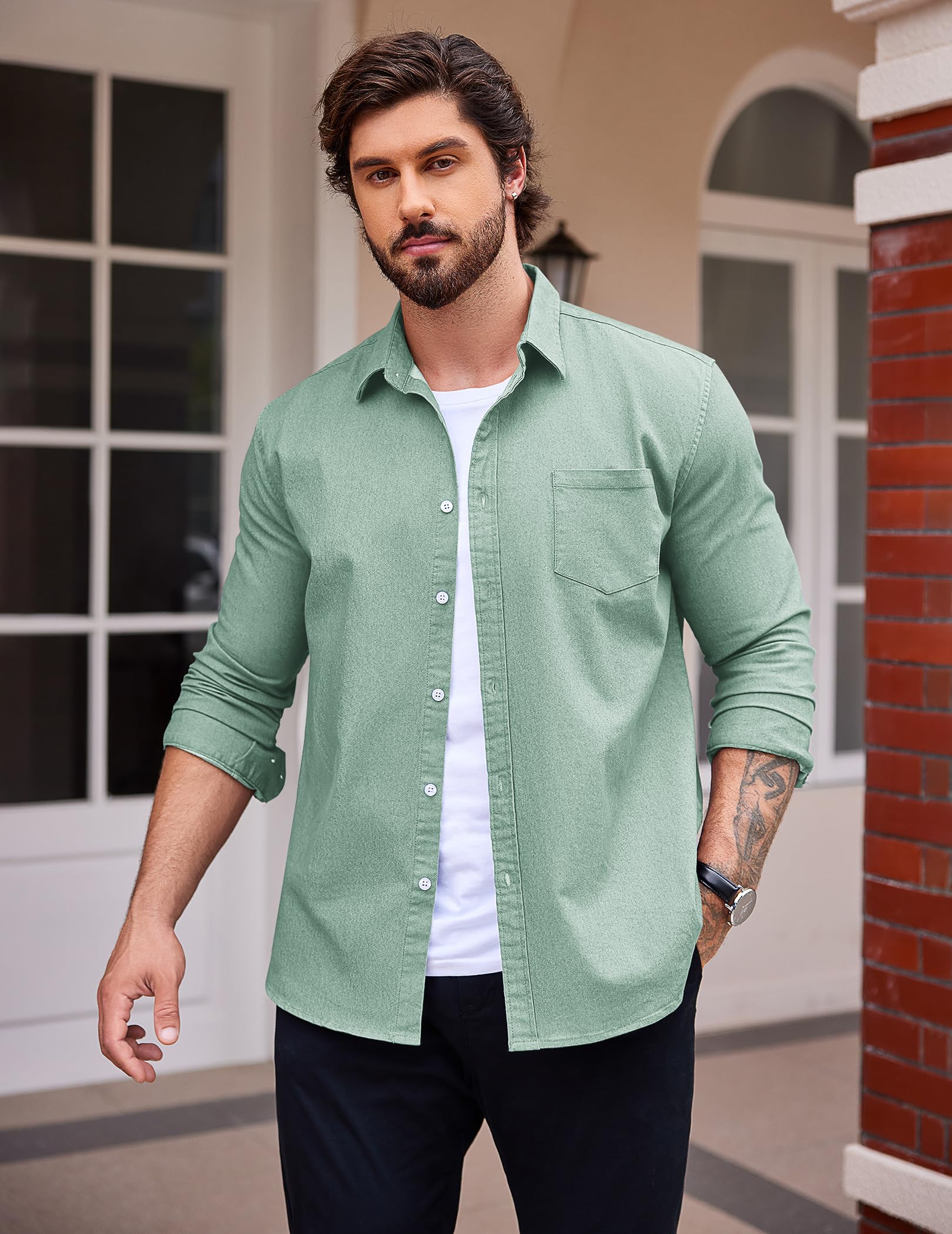 COOFANDY Mens Casual Dress Shirt Long Sleeve Button Down Shirts Untucked Shirts Slim Fit Light Green