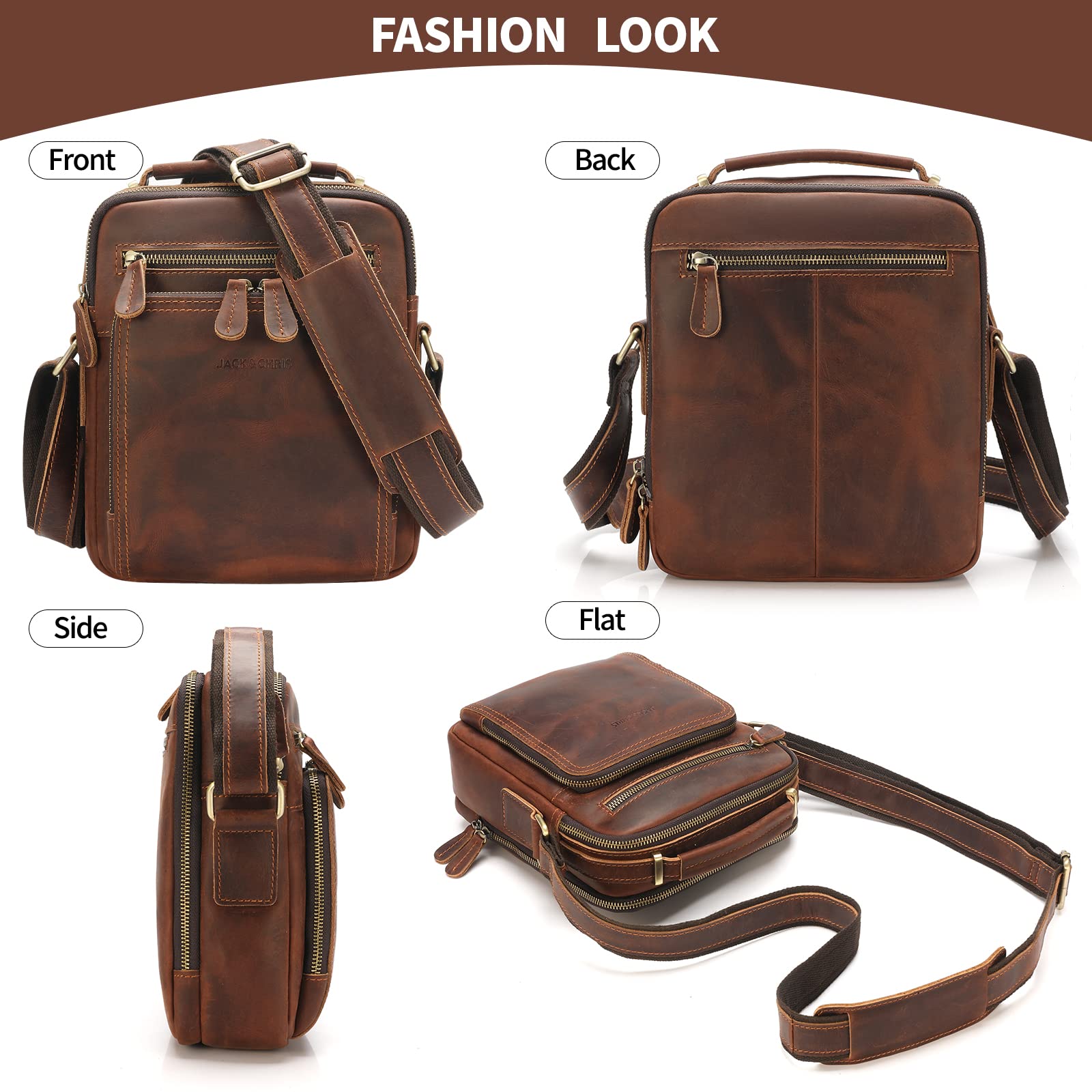 Jack&Chris Leather Messenger Bag for Men, Man Purse Crossbody Bags for Work Business, Red Brown