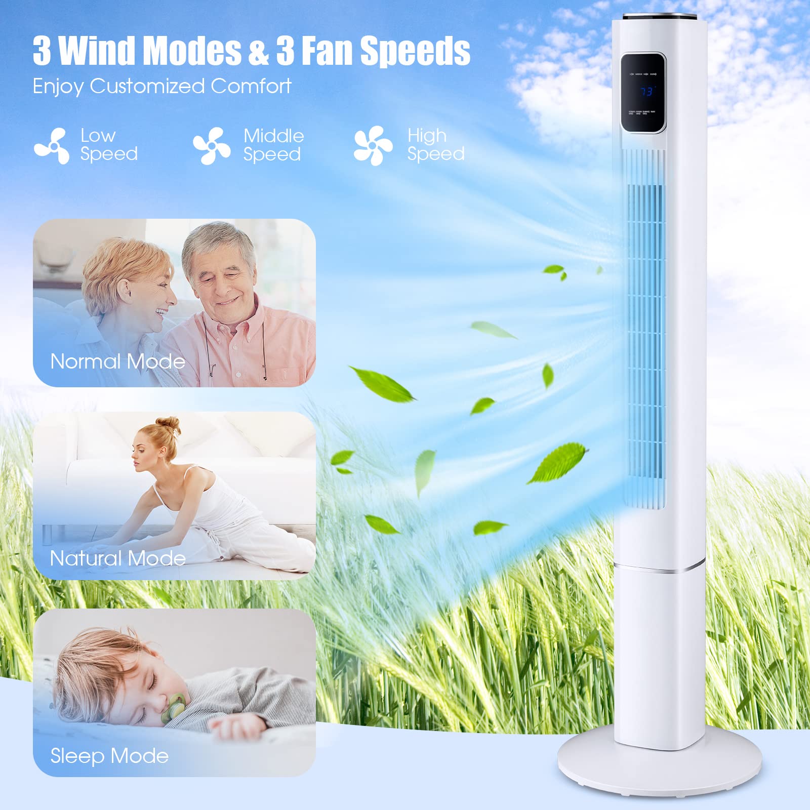 LDAILY 48 Inch Oscillating Tower Fan, Quiet Powerful Bladeless Fan with 3 Speeds, 3 Modes, Remote Control, 15H Timer, LED Display, Floor Standing Household Fan for Bedroom Living Room Office