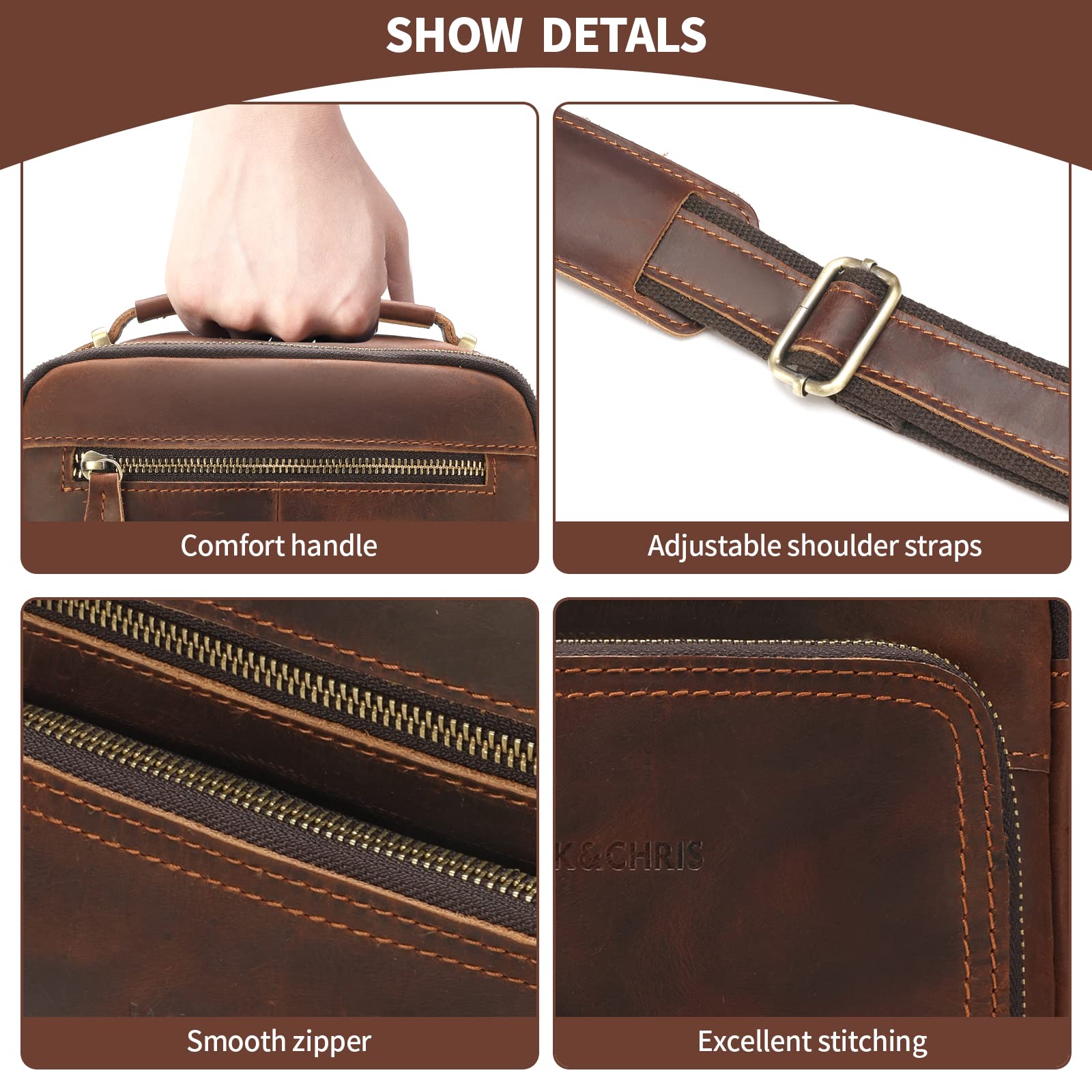 Jack&Chris Leather Messenger Bag for Men, Man Purse Crossbody Bags for Work Business, Red Brown