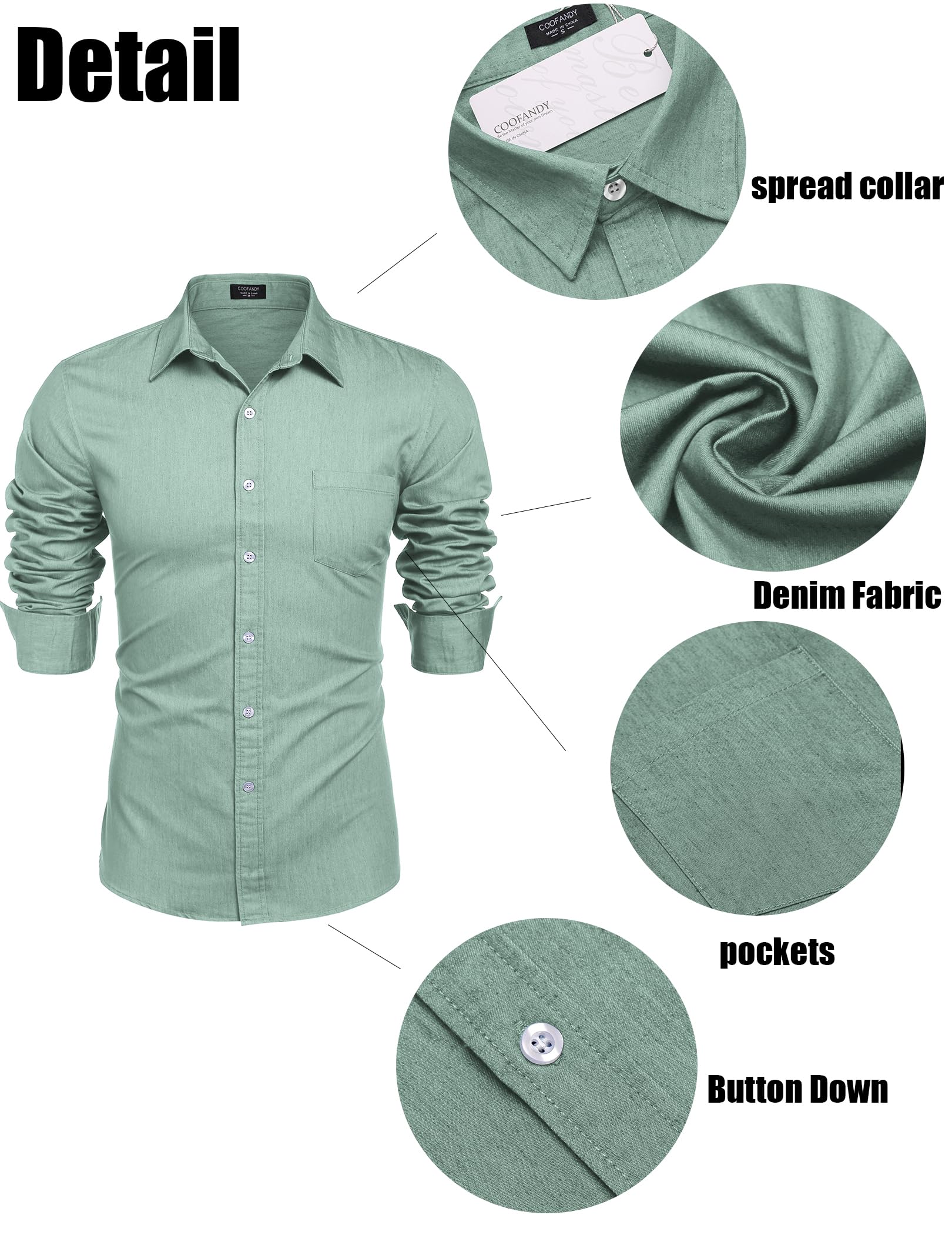 COOFANDY Mens Casual Dress Shirt Long Sleeve Button Down Shirts Untucked Shirts Slim Fit Light Green