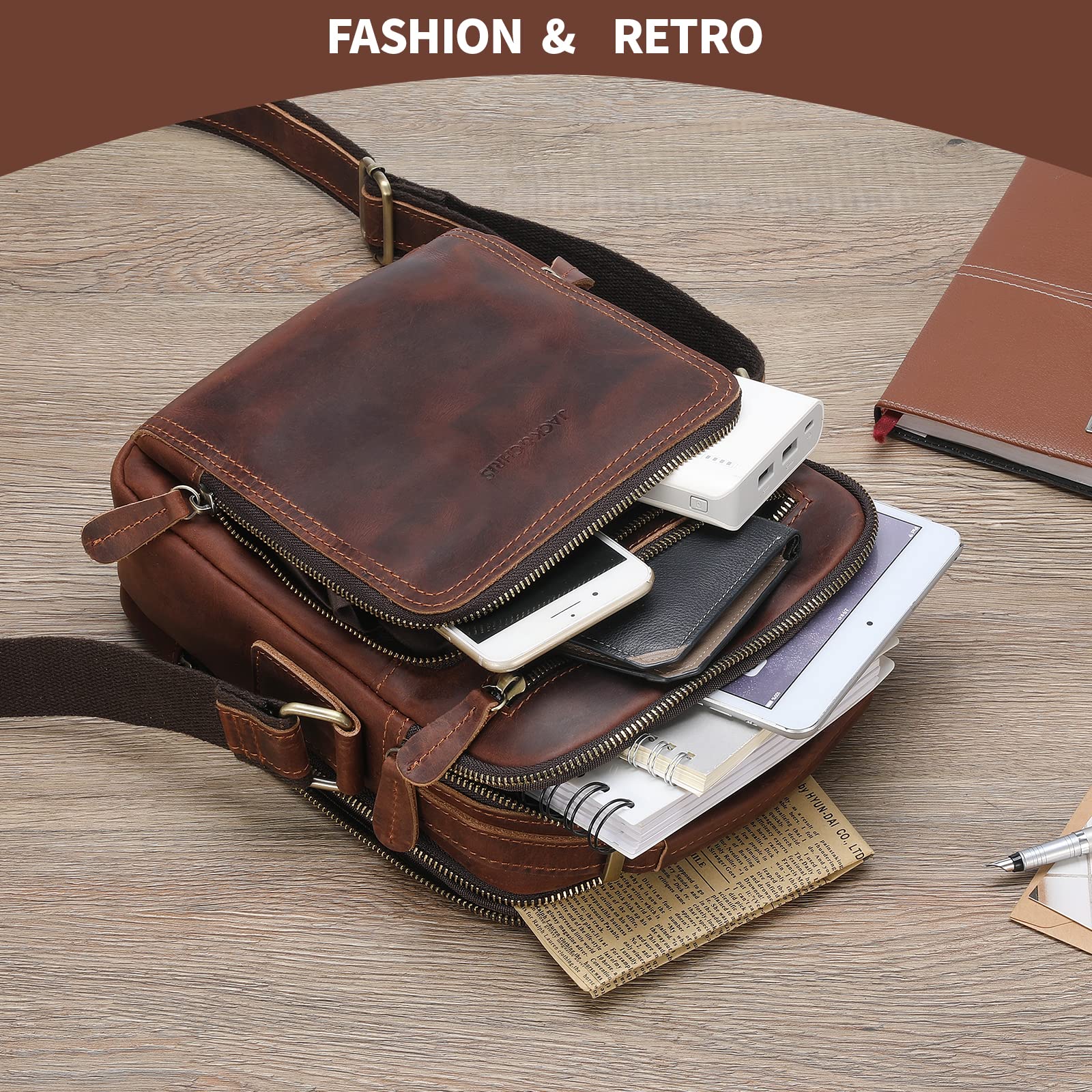 Jack&Chris Leather Messenger Bag for Men, Man Purse Crossbody Bags for Work Business, Red Brown