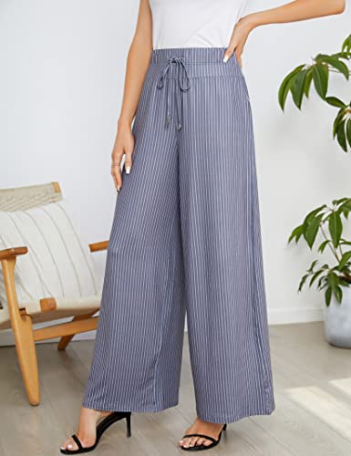 KOJOOIN Women's Wide Leg Pants Casual Palazzo Summer Flowy Pants Elastic High Waist Lounge Drawstring Long Trousers for Women Gray Stripe XL