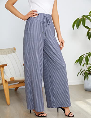 KOJOOIN Women's Wide Leg Pants Casual Palazzo Summer Flowy Pants Elastic High Waist Lounge Drawstring Long Trousers for Women Gray Stripe XL