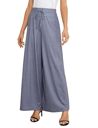 KOJOOIN Women's Wide Leg Pants Casual Palazzo Summer Flowy Pants Elastic High Waist Lounge Drawstring Long Trousers for Women Gray Stripe XL