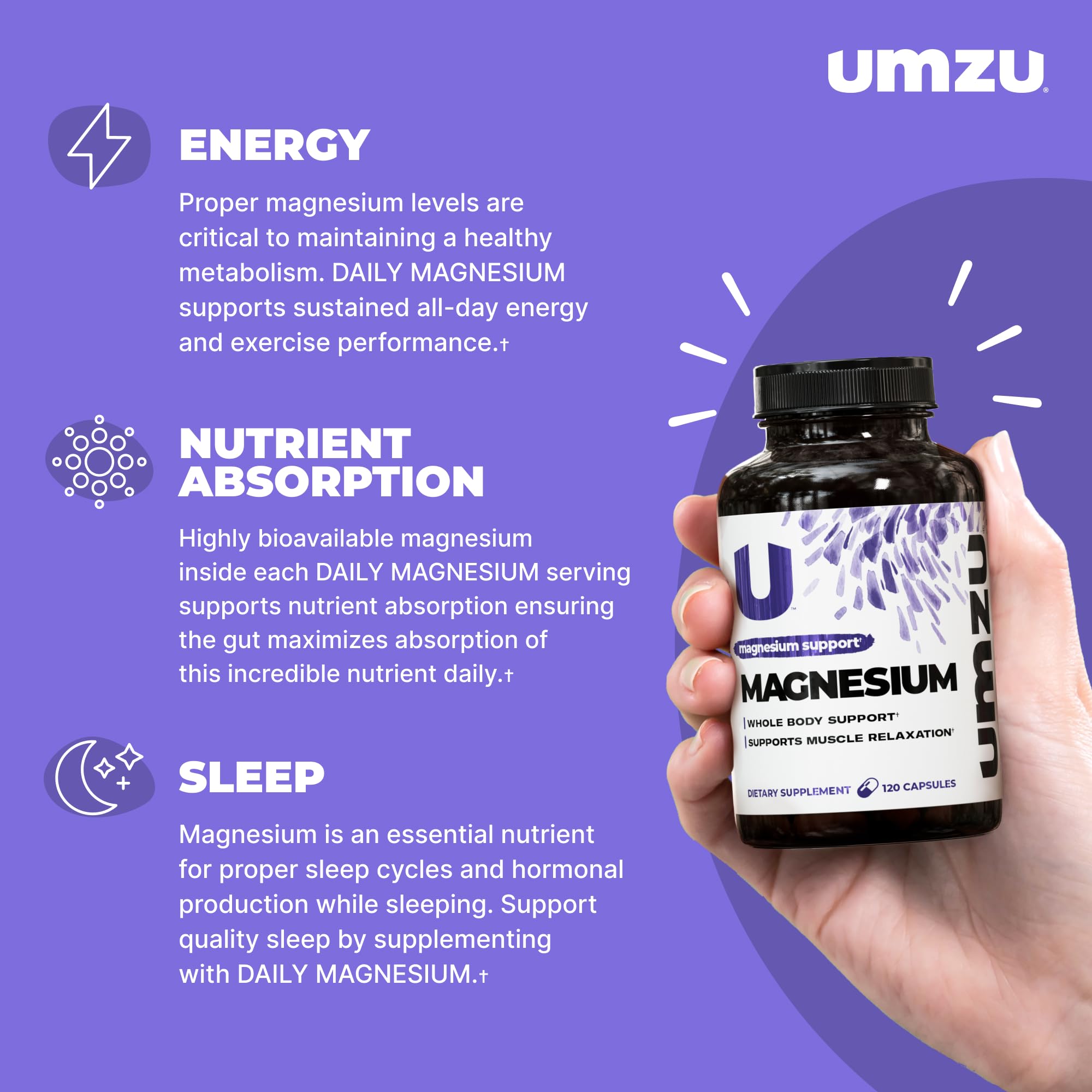 UMZU Daily Magnesium | Potent Bioavailable Magnesium Complex for Healthy Metabolism, Sustained Energy, Exercise Performance & Sleep Support (30 Day Supply | 120 Capsules)
