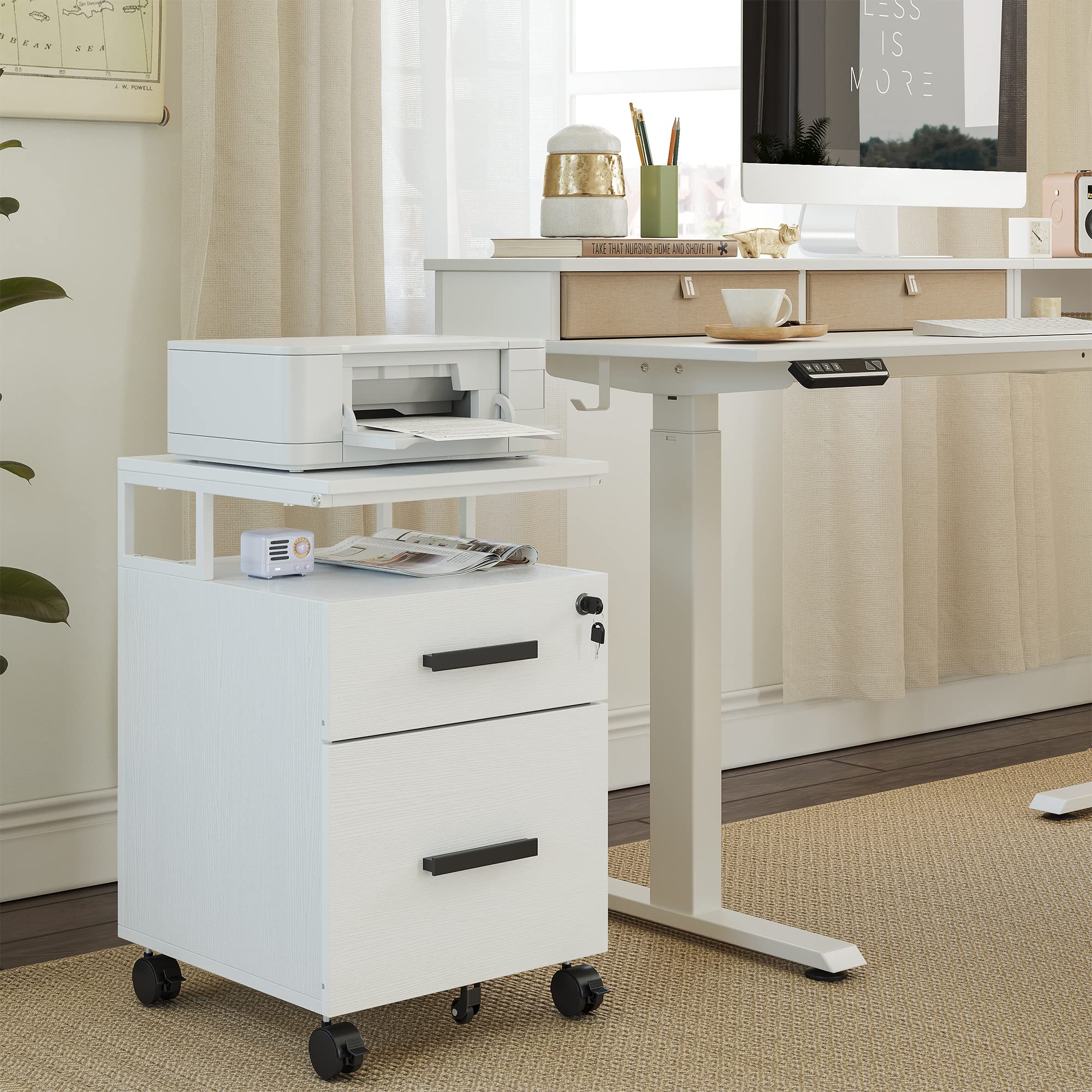 FEZIBO File Cabinet with Lock for Home Office, 2-Drawer Rolling Filing Cabinet, Under Desk Home Office File Cabinet for A4, Letter Size, Printer Stand, Wooden Storage Cabinet, White