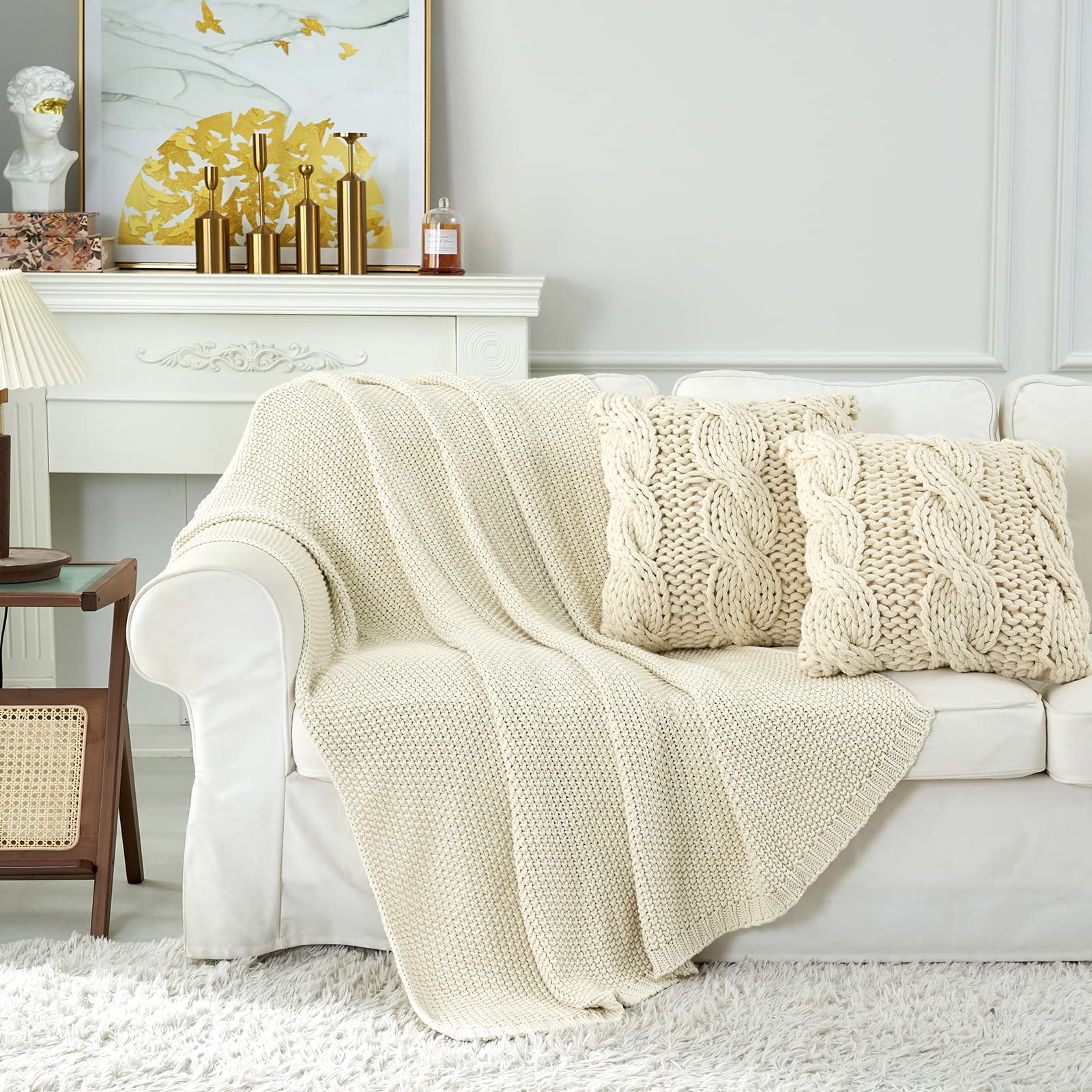 Longhui bedding Chunky Cable Knit Throw Blanket Lightweight Cream 100% Organic Cotton Blanket for Sofa Couch Bed Baby Nursery, Rustic Shabby Chic Modern Farmhouse, 51β x 63β Give Laundering Bag